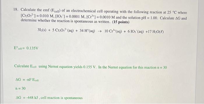 Solved 18. Calculate the emf (Ecell) of an electrochemical | Chegg.com