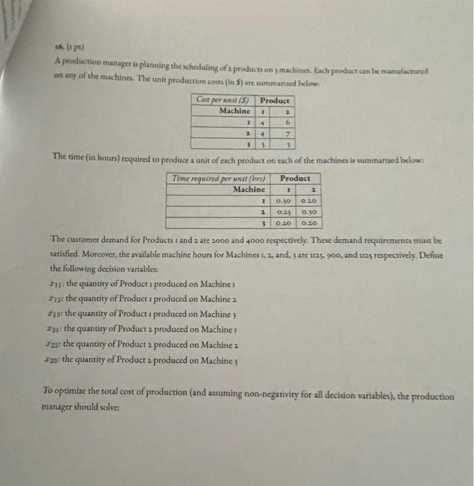 16. (1pt) A production manager is planning the | Chegg.com