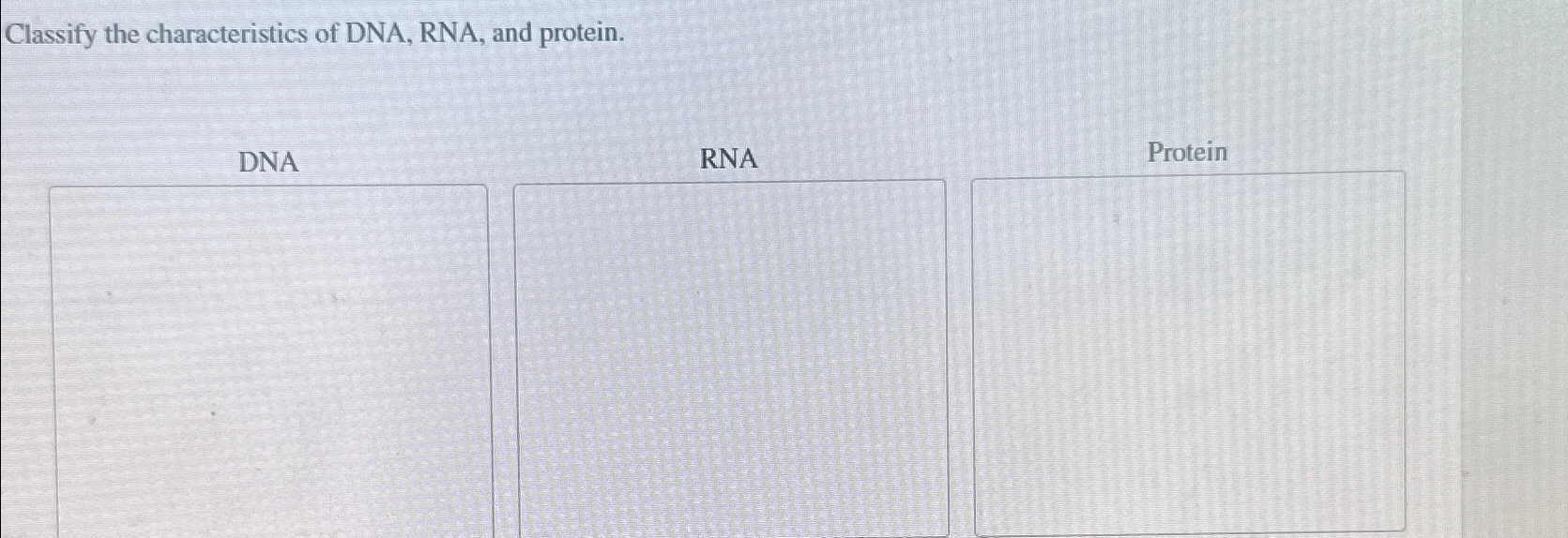 Solved Classify the characteristics of DNA, RNA, and | Chegg.com