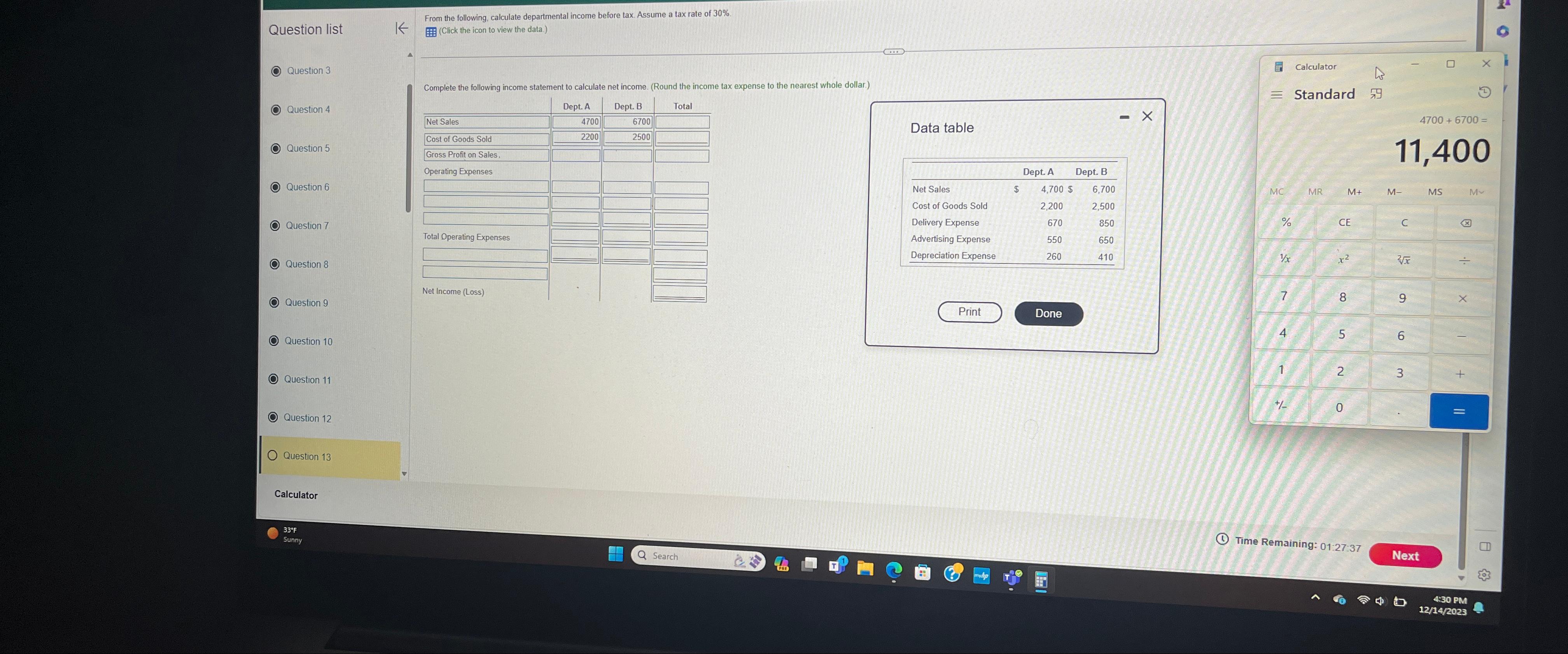 Solved Please complete the ubcome statement to calculate net | Chegg.com