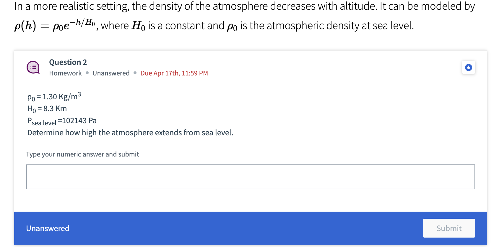 Solved ρ(h)=ρ0e-hH0, ﻿where H0 ﻿is a constant and ρ0 ﻿is the | Chegg.com