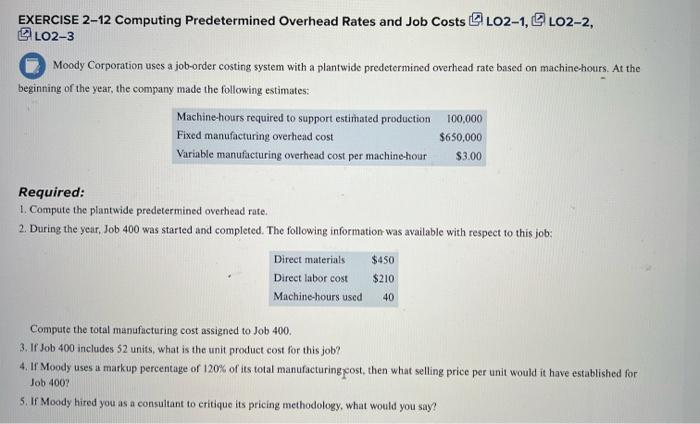 Solved EXERCISE 2-12 Computing Predetermined Overhead Rates | Chegg.com