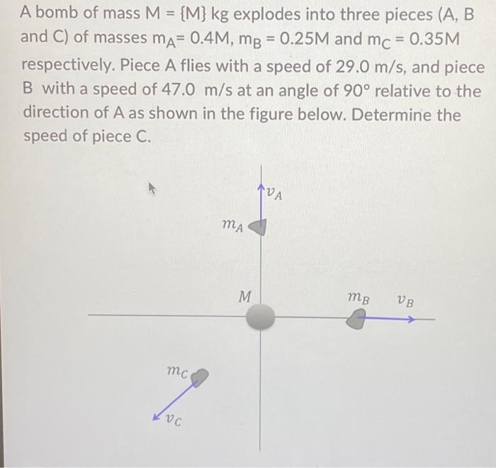 Solved A bomb of mass M={M}kg explodes into three pieces | Chegg.com