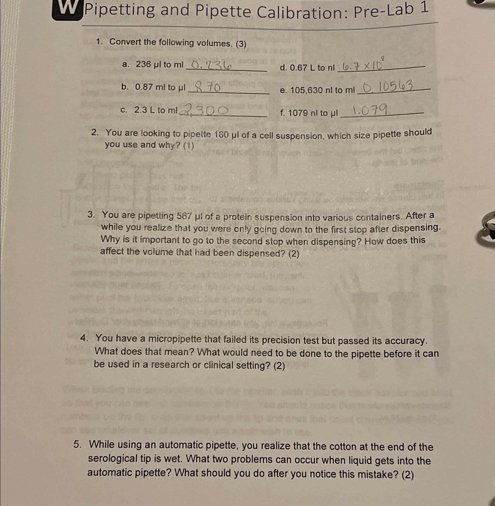 Solved Pipetting and Pipette Calibration: Pre-Lab 1Convert | Chegg.com