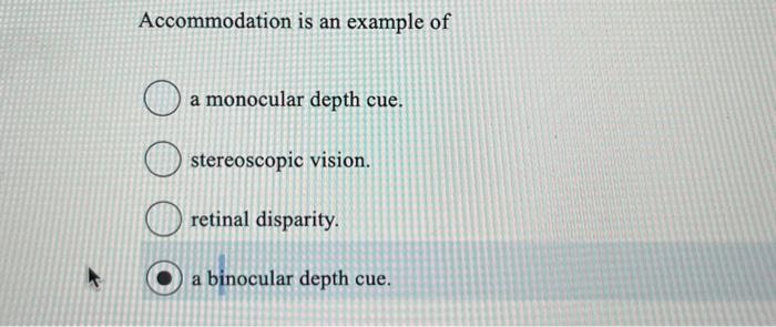Solved Accommodation is an example of a monocular depth cue. | Chegg.com