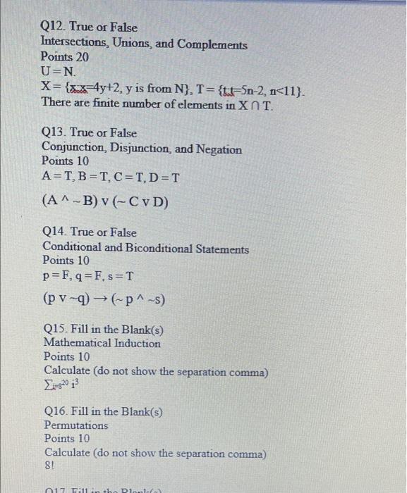 Solved Q12. True or False Intersections, Unions, and | Chegg.com