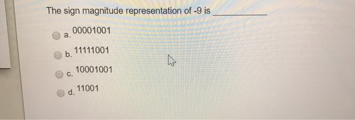 Solved The sign magnitude representation of -9 is a. | Chegg.com