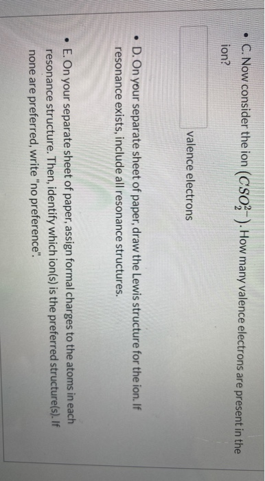 Solved • C. Now consider the ion (CSO2-). How many valence | Chegg.com