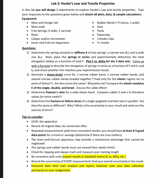 Lab 3: Hooke's Law and Tensile Properties In this lab | Chegg.com