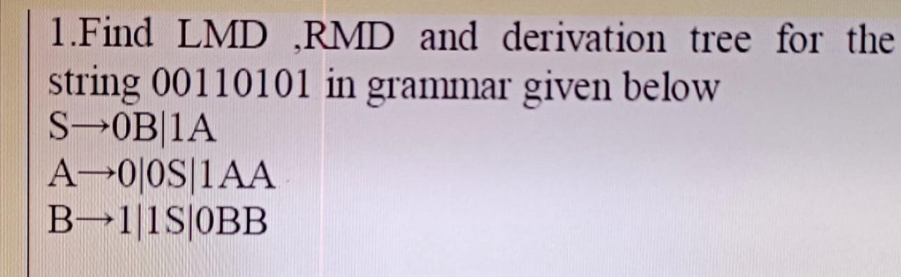 Solved 1.Find LMD RMD and derivation tree for the string | Chegg.com