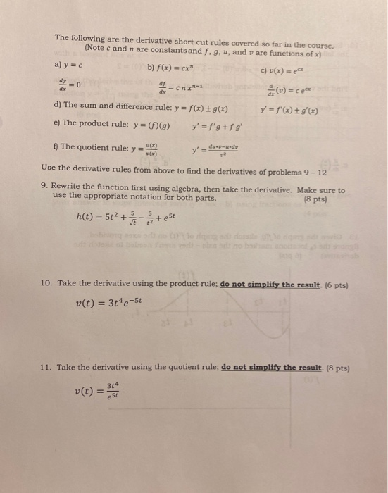 Solved The following are the derivative short cut rules | Chegg.com