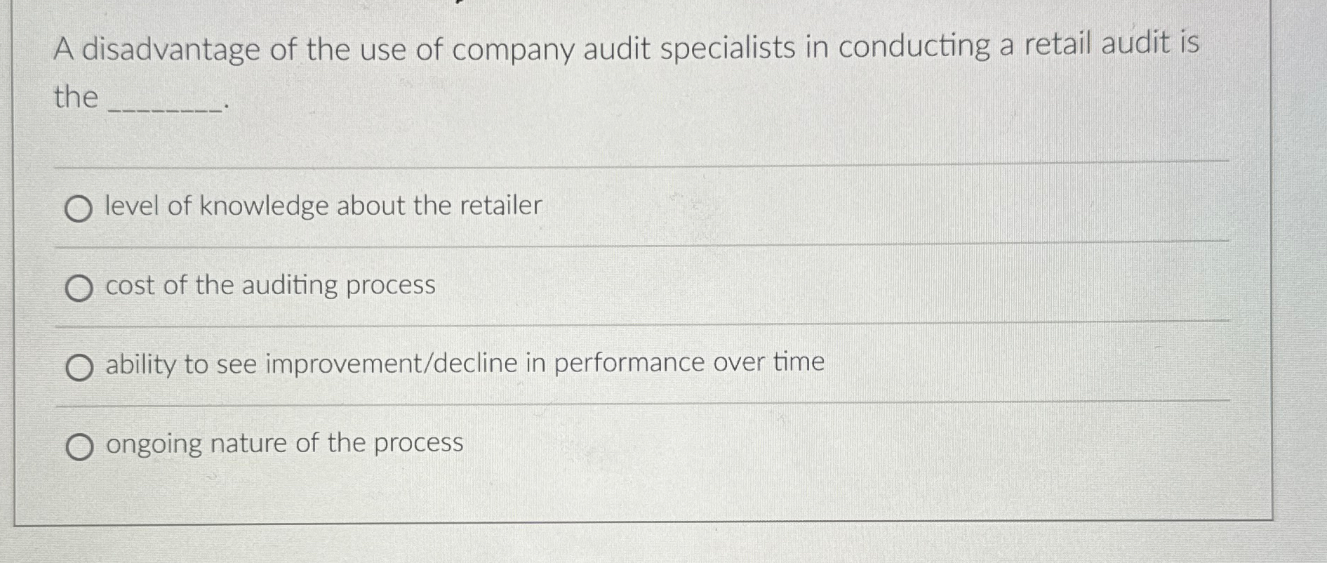 Solved A disadvantage of the use of company audit | Chegg.com