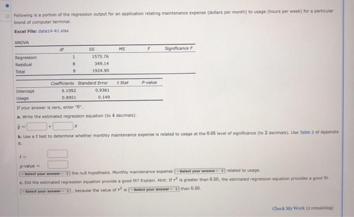 Solved Following is a portion of the regression output for | Chegg.com