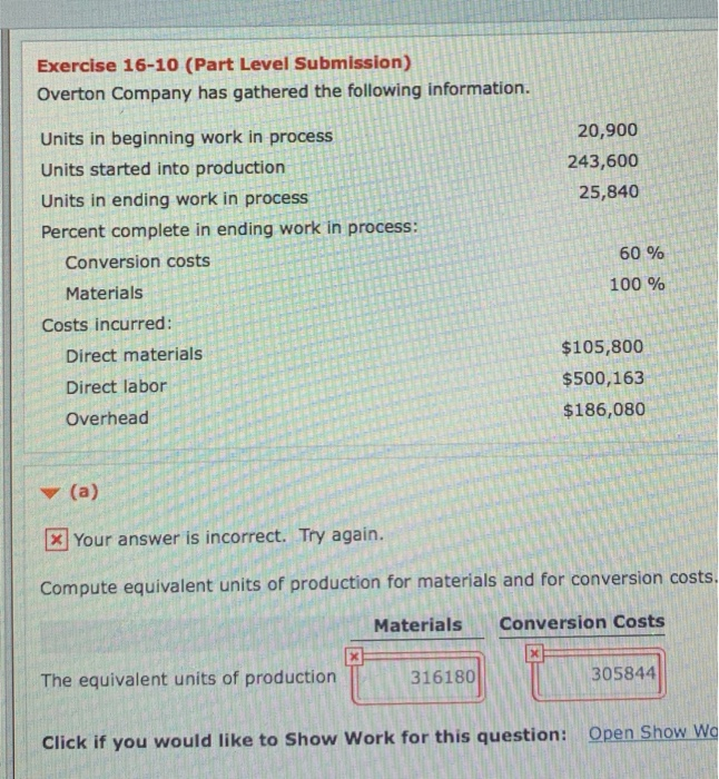 Solved Exercise 16-10 (Part Level Submission) Overton | Chegg.com