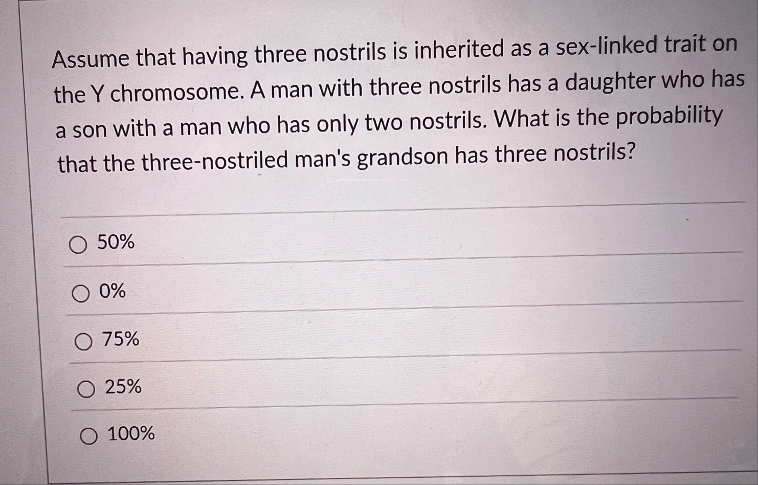 Solved Assume that having three nostrils is inherited as a | Chegg.com