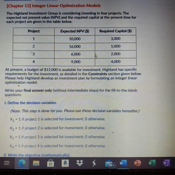 Solved [Chapter 12] Integer Linear Optimization Models The | Chegg.com