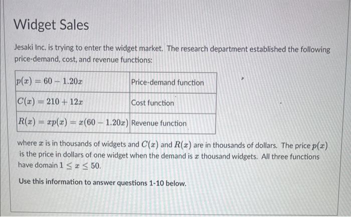 Solved Jesaki Inc. is trying to enter the widget market. The | Chegg.com