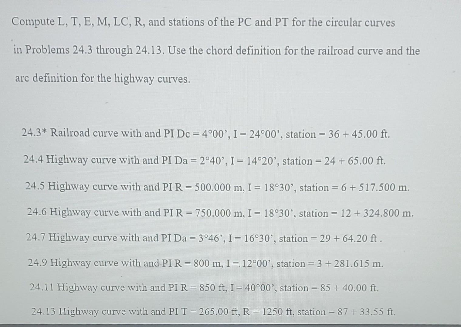 Compute L, T, E, M, LC, R, and stations of the PC and | Chegg.com