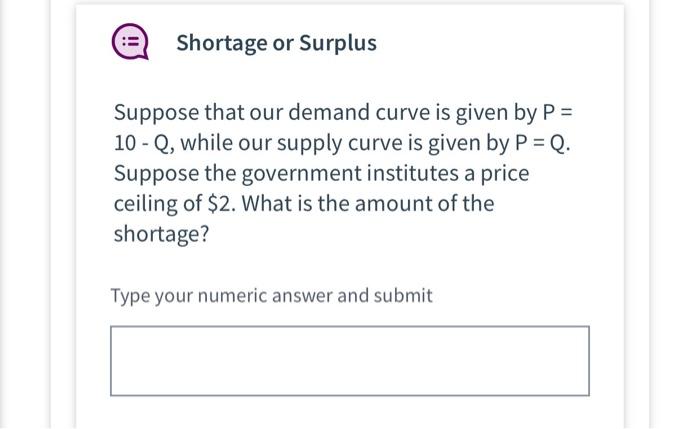 Solved Shortage or Surplus Suppose that our demand curve is | Chegg.com
