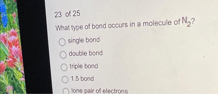 Solved What type of bond occurs in a molecule of N2 ? single | Chegg.com