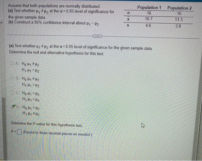 Solved Assume that both populations are normally | Chegg.com