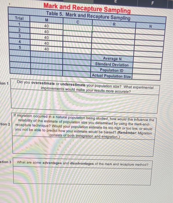 E F N Trial 1 2 3 4 5 Mark and Recapture Sampling | Chegg.com