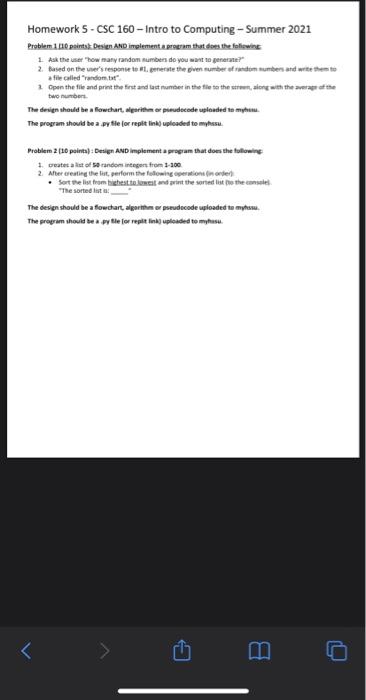 Solved Homework 5 - CSC 160 - Intro to Computing - Summer | Chegg.com