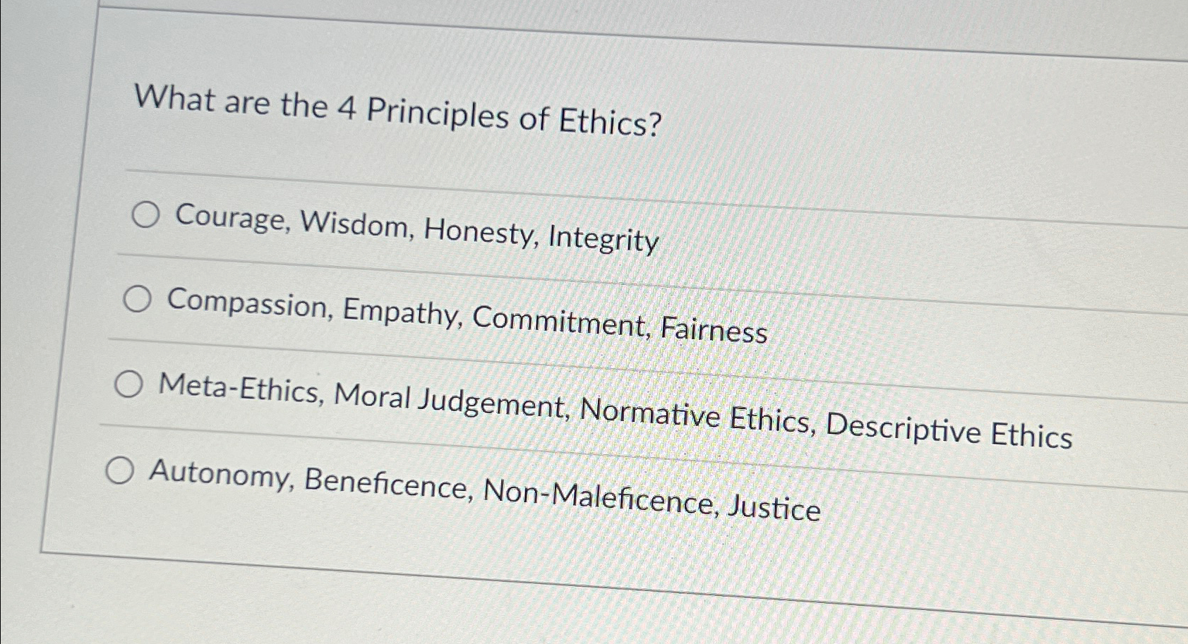 Solved What are the 4 ﻿Principles of Ethics?Courage, Wisdom, | Chegg.com
