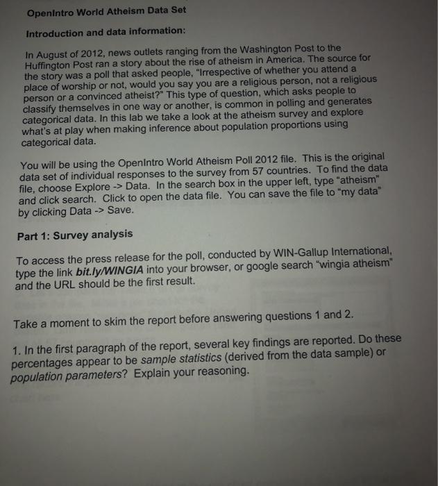 Solved OpenIntro World Atheism Data Set Introduction and | Chegg.com