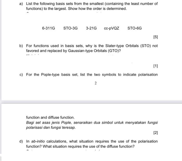 a) List the following basis sets from the smallest | Chegg.com
