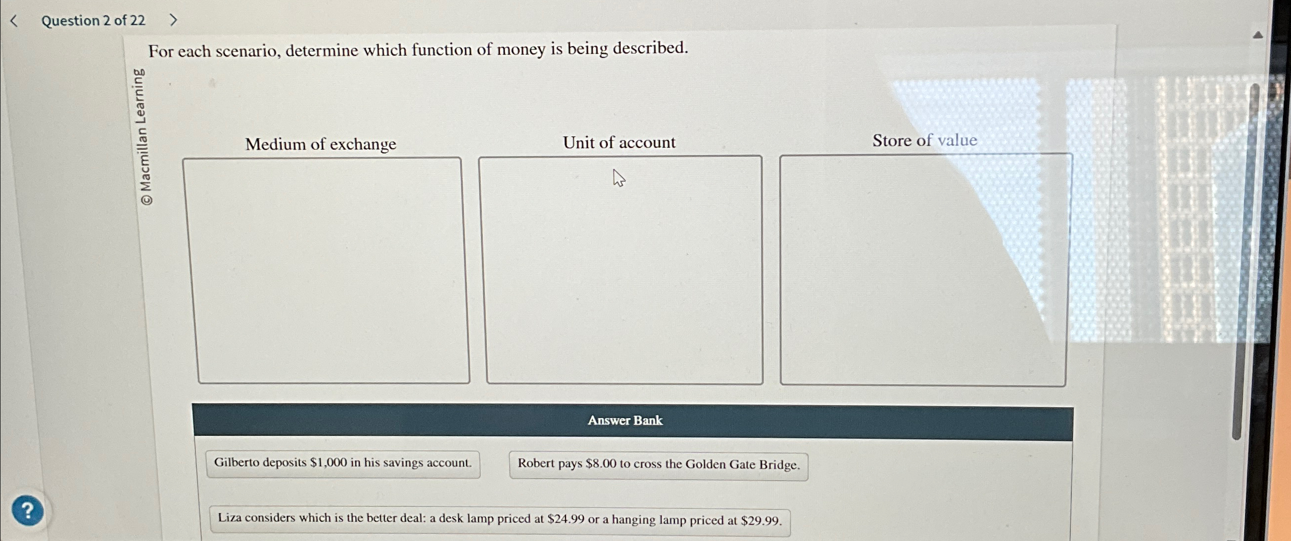 Solved For each scenario, determine which function of money | Chegg.com