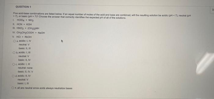Solved QUESTION 1 2 Five acid-base combinations are listed | Chegg.com