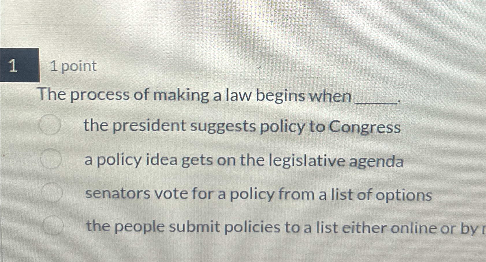 Solved 1 ﻿pointThe process of making a law begins when the | Chegg.com