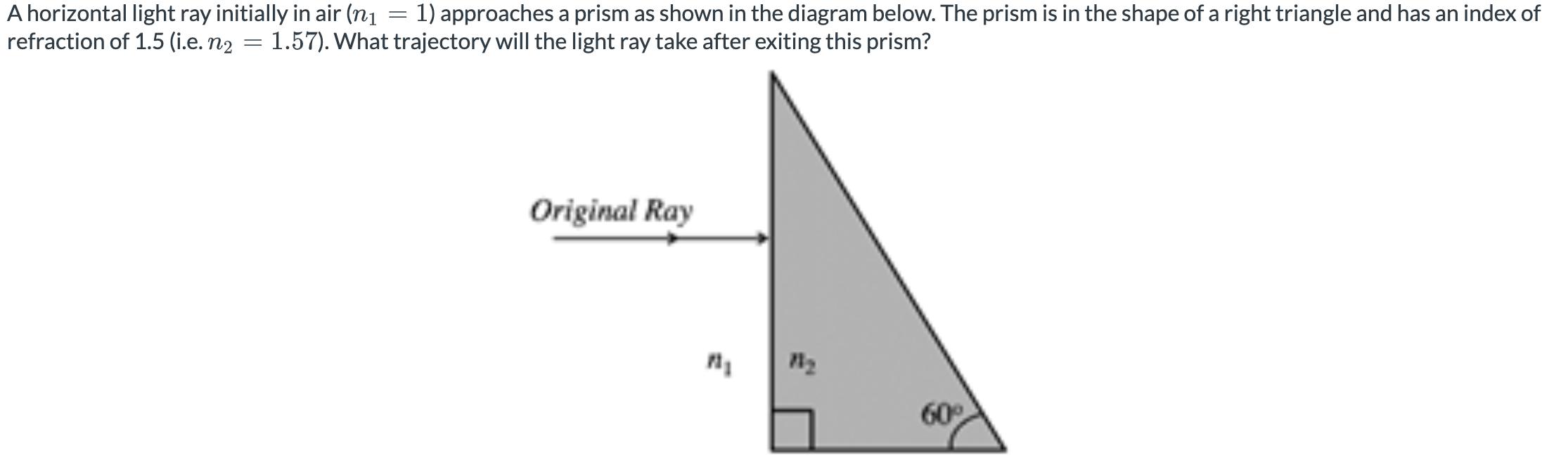 Solved A horizontal light ray initially in air (n1=1) | Chegg.com
