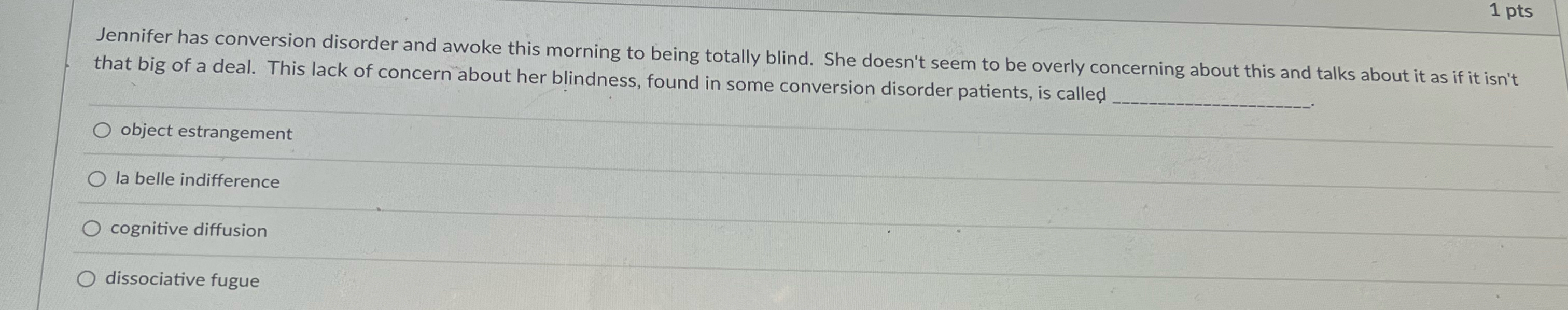 Solved 1 ﻿ptsJennifer has conversion disorder and awoke this | Chegg.com