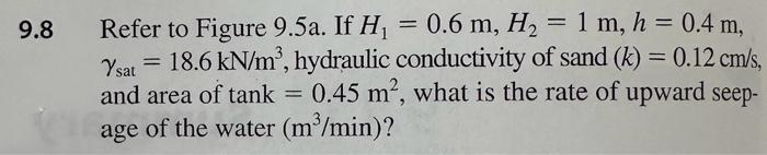 Solved (a).8 Refer to Figure 9.5a. If H1=0.6 m,H2=1 m,h=0.4 | Chegg.com
