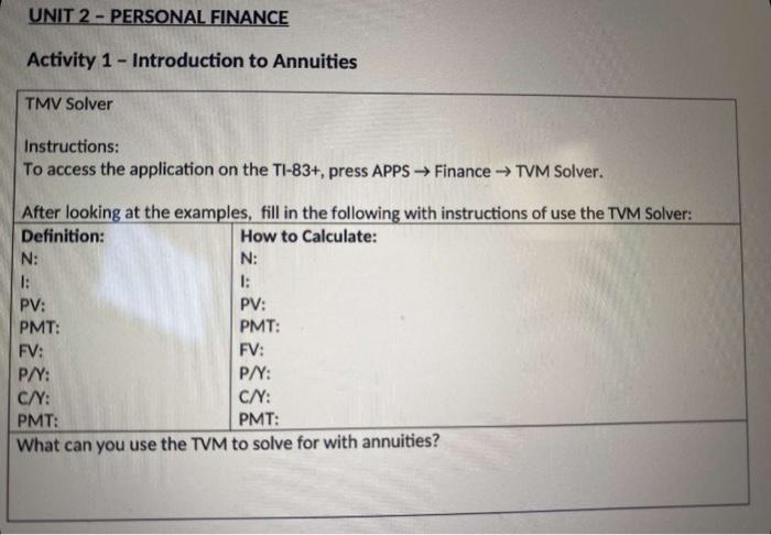 UNIT 2 - PERSONAL FINANCE Activity 1 - Introduction | Chegg.com