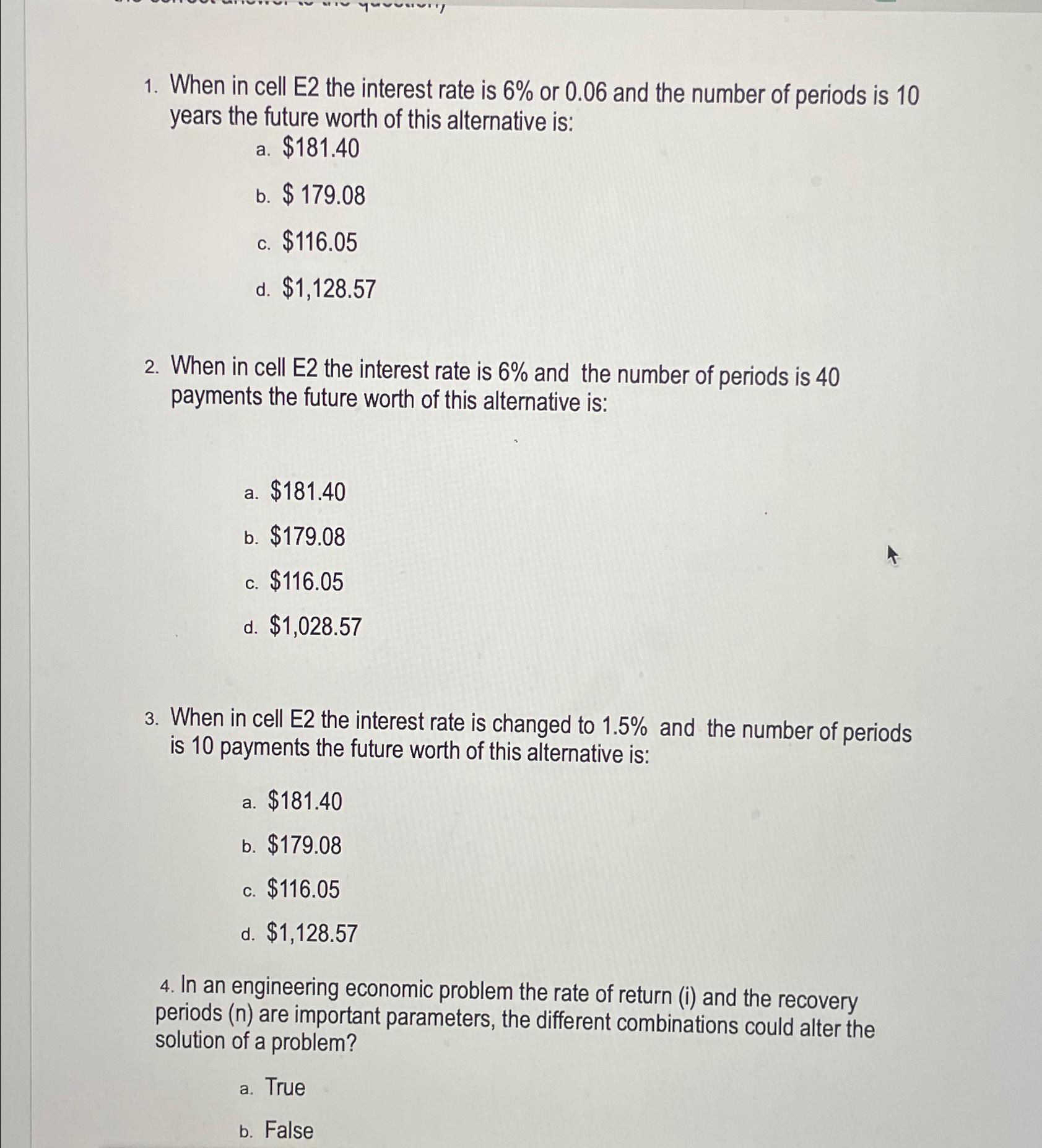 Solved When in cell E2 ﻿the interest rate is 6% ﻿or 0.06 | Chegg.com