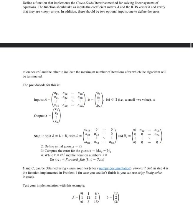 Solved Define a function that implements the Gauss-Seidel | Chegg.com