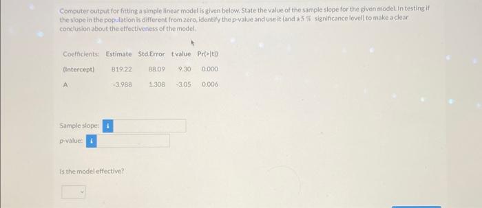 Solved Computer output for fitting a simple linear model is | Chegg.com