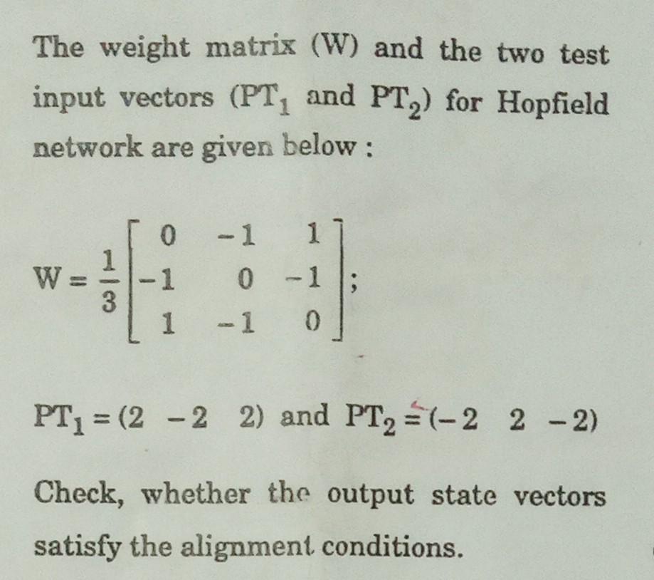 Solved The weight matrix (W) and the two test input vectors | Chegg.com