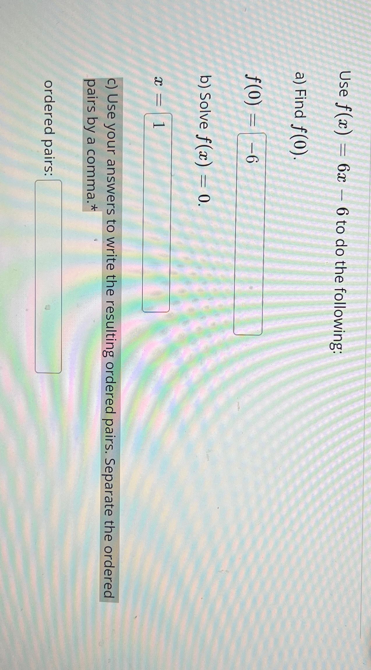 Solved Use f(x)=6x-6 to do the following:a) Find | Chegg.com Solved Use f(x)=6x-6 to do the following:a) Find | Chegg.com