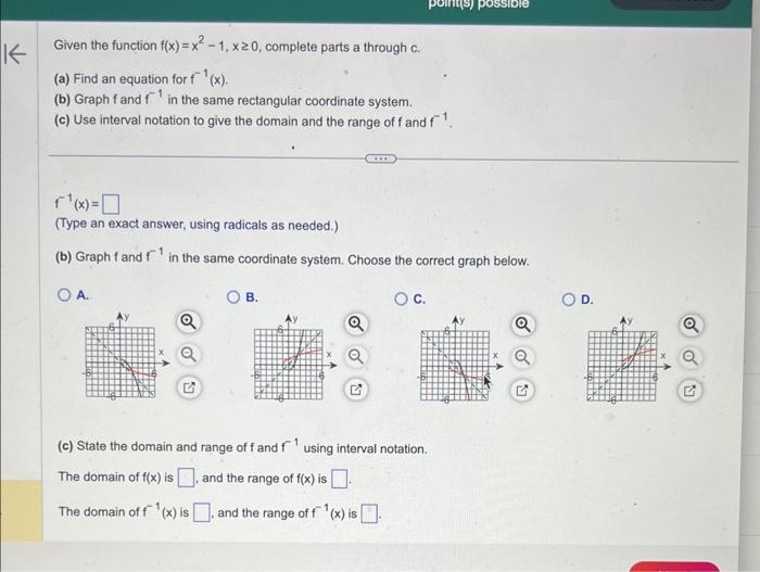 Solved Given the function f(x)=x2−1,x≥0, complete parts a | Chegg.com