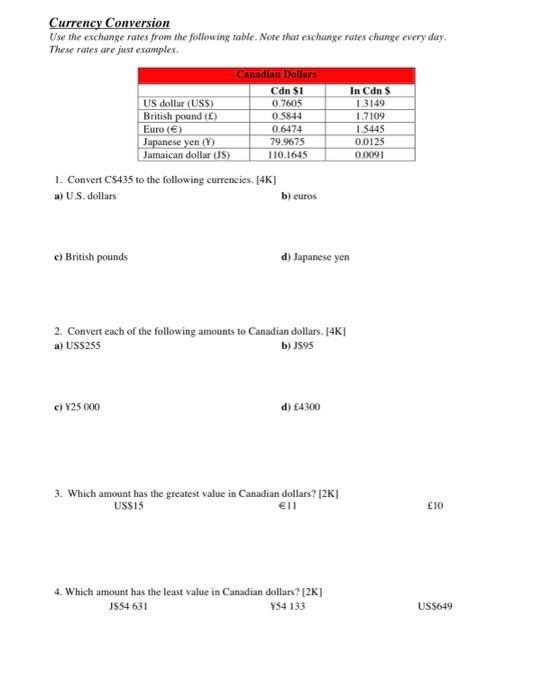 Solved Currency Conversion Use the exchange rates from the | Chegg.com