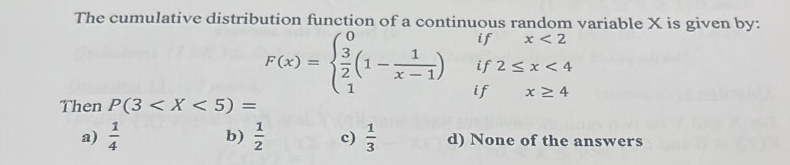 Solved The cumulative distribution function of a continuous | Chegg.com