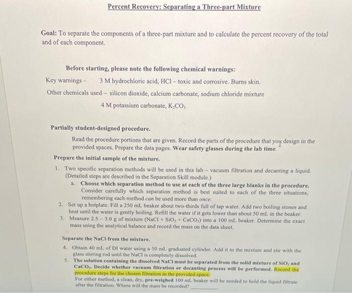 Solved Percent Recovery: Separating a Three-part Mixture | Chegg.com