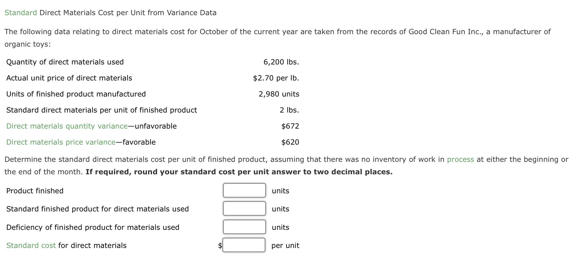 Solved Standard Direct Materials Cost per Unit from Variance | Chegg.com