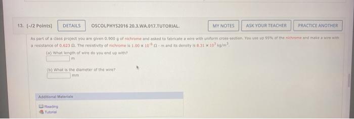 Solved 13 [ 2 Points Details Oscolphys2016 20 3 Wa 017