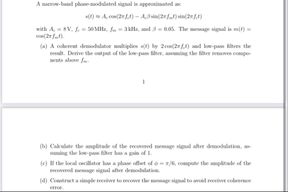 Solved A narrow-band phase-modulated signal is approximated | Chegg.com