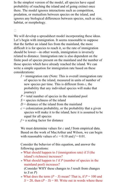 Biology 372 - Lab 7: Island biogeography modeling | Chegg.com